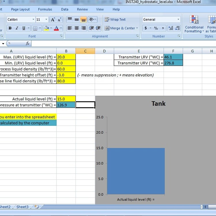 Free Instrumentation Excel Spreadsheet tools Hydrostatic Level ...