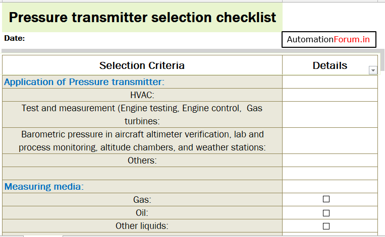 Pressure transmitter selection Checklist - Pressure Measurement ...