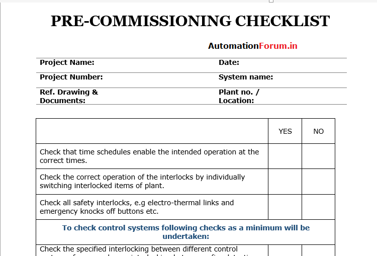 Pre Commissioning Checklist Download Field Instrumentation